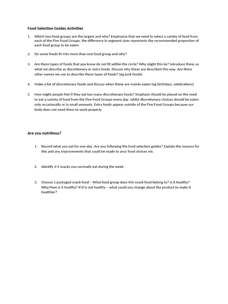 Food Group Selection and Nutrition Guide | PDF