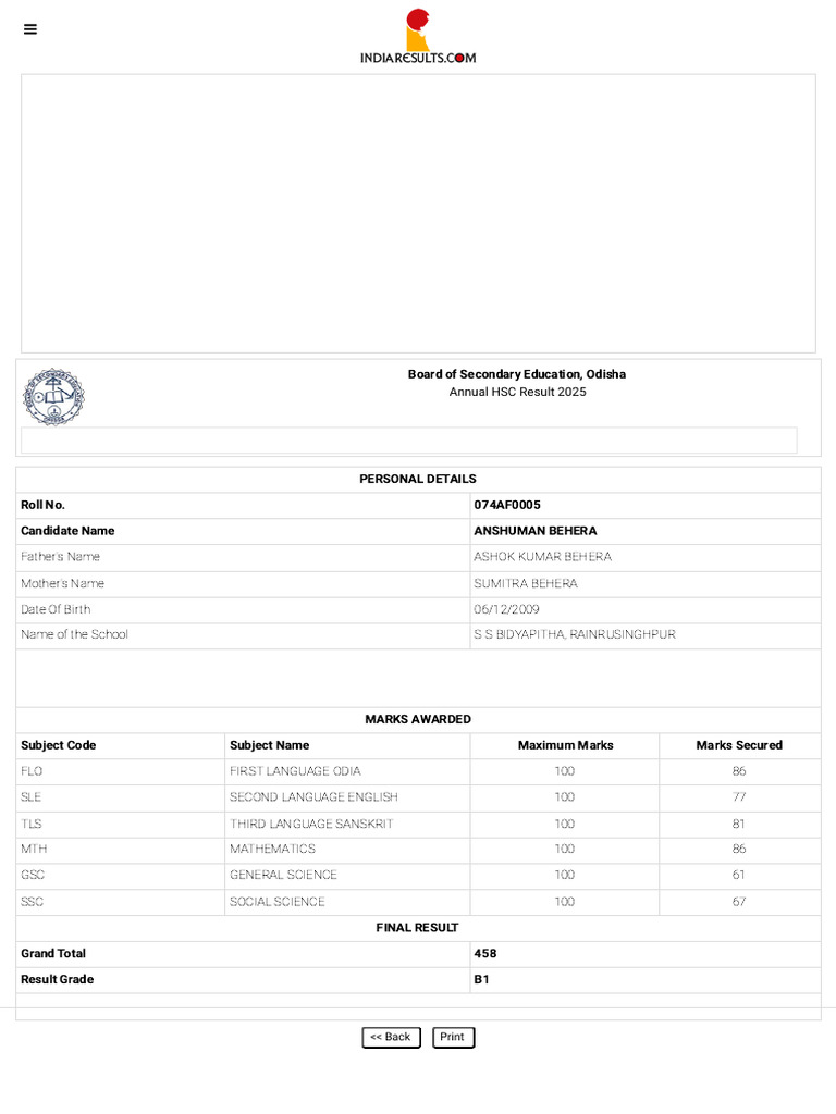 Odisha HSC Result 2025 for Anshuman Behera | PDF