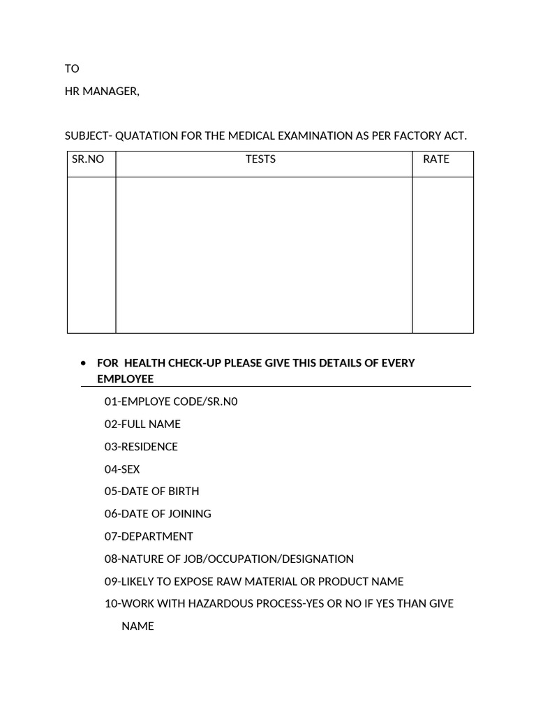 Medical Examination Quotation Request | PDF