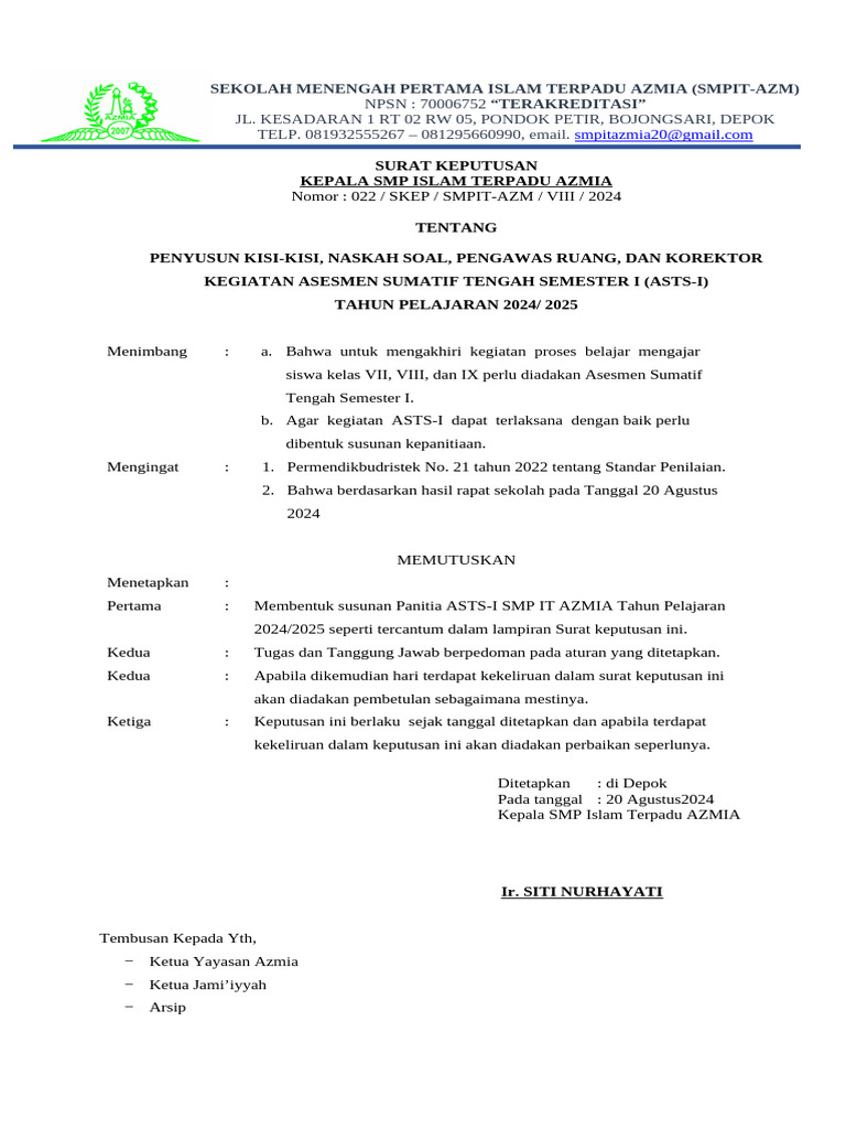 Panitia ASTS-I SMPIT Azmia 2024/2025 | PDF