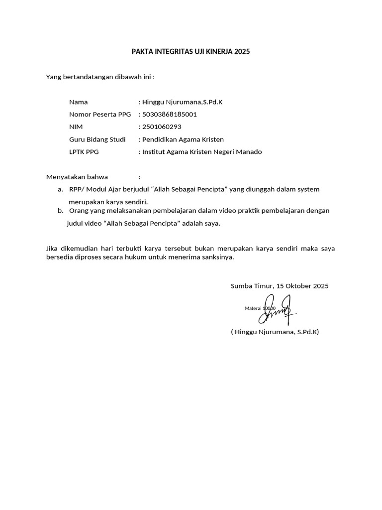 Pakta Integritas Uji Kinerja 2025 (Contoh) | PDF