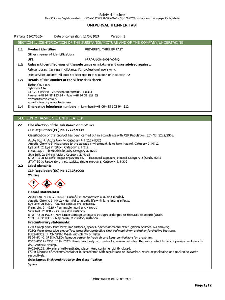 Universal Thinner Fast Safety Data Sheet | PDF | Dangerous Goods | Toxicity