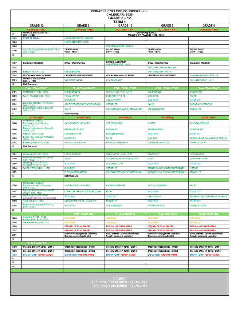 Pinnacle College 2025 Term 4 Calendar | PDF | Science