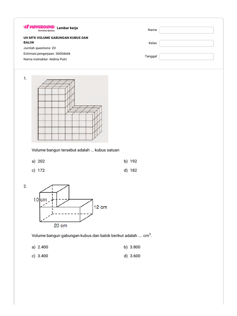 Uh MTK Volume Gabungan Kubus Dan Balok - Wayground | PDF