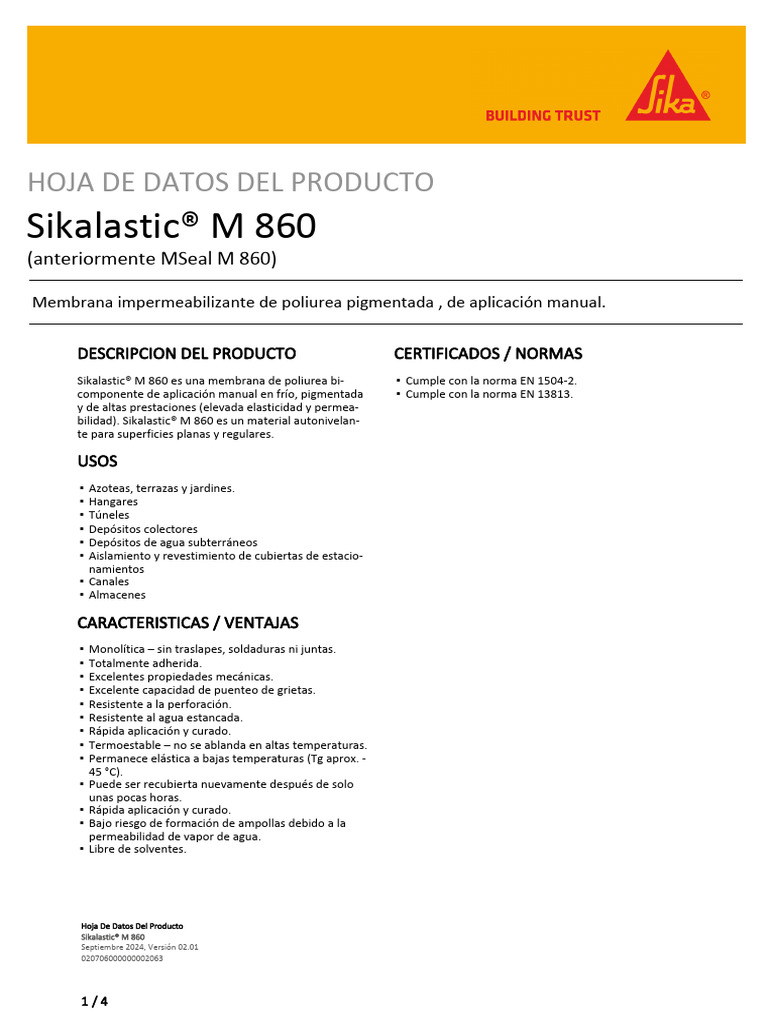 Membrana Sikalastic® M 860: Datos Clave | PDF | Hormigón | Materiales