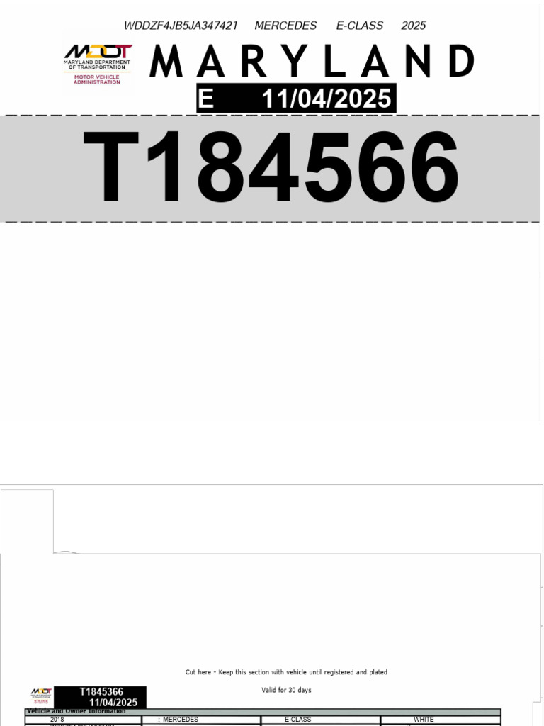Maryland Temporary Vehicle Registration | PDF | Motor Vehicle | Driving