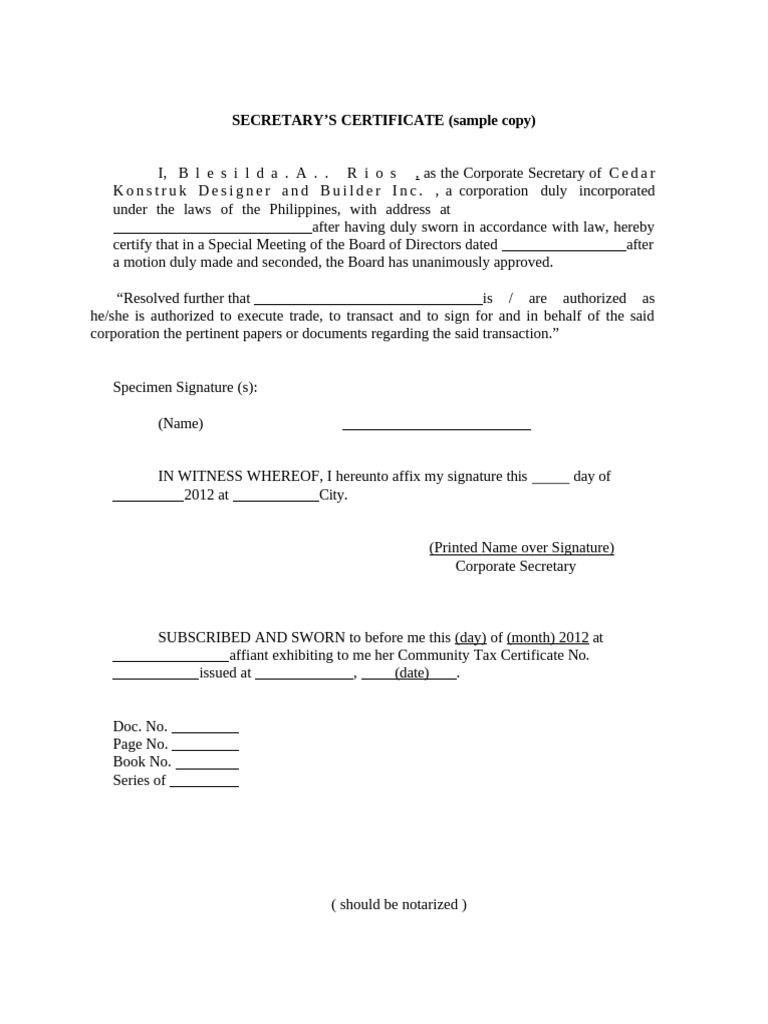 Secretarys Certificate (Sample Copy) - 1423796306 | PDF