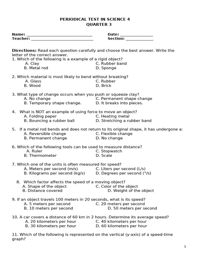 Science Periodical Test for Grade 4 | PDF | Magnet | Speed