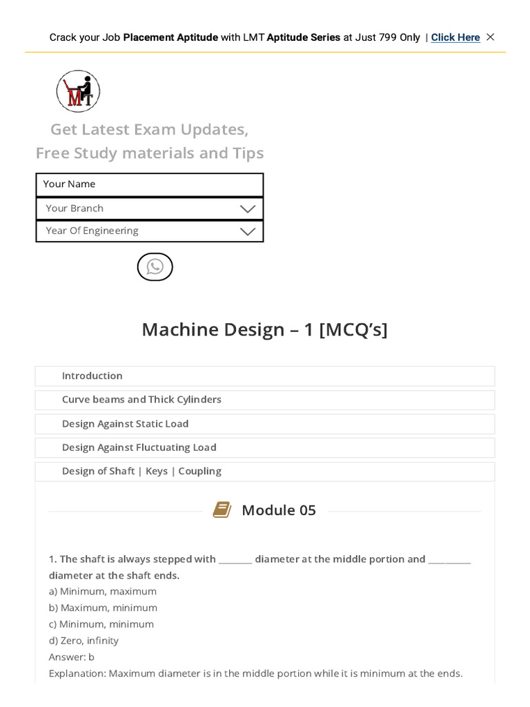 [MCQ's] Machine Design - 1 - Last Moment Tui12tions | PDF | Strength Of ...