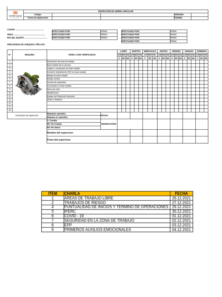 Inspección de Sierra Circular: Checklist y Seguridad | PDF