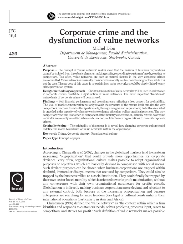 Corporate Crime and The Dysfunction of Value Networks | PDF ...