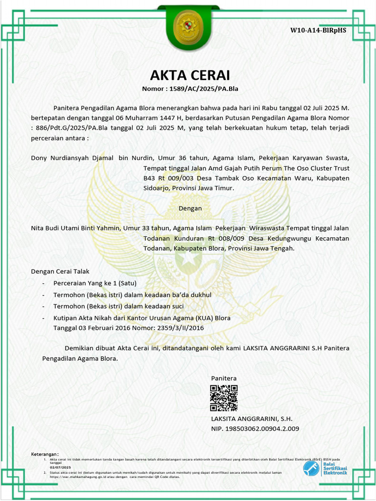 Akta Cerai Dony dan Nita 2025 | PDF