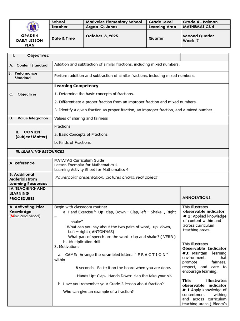 Grade 4 Mathematics Lesson on Fractions | PDF | Learning | Curriculum
