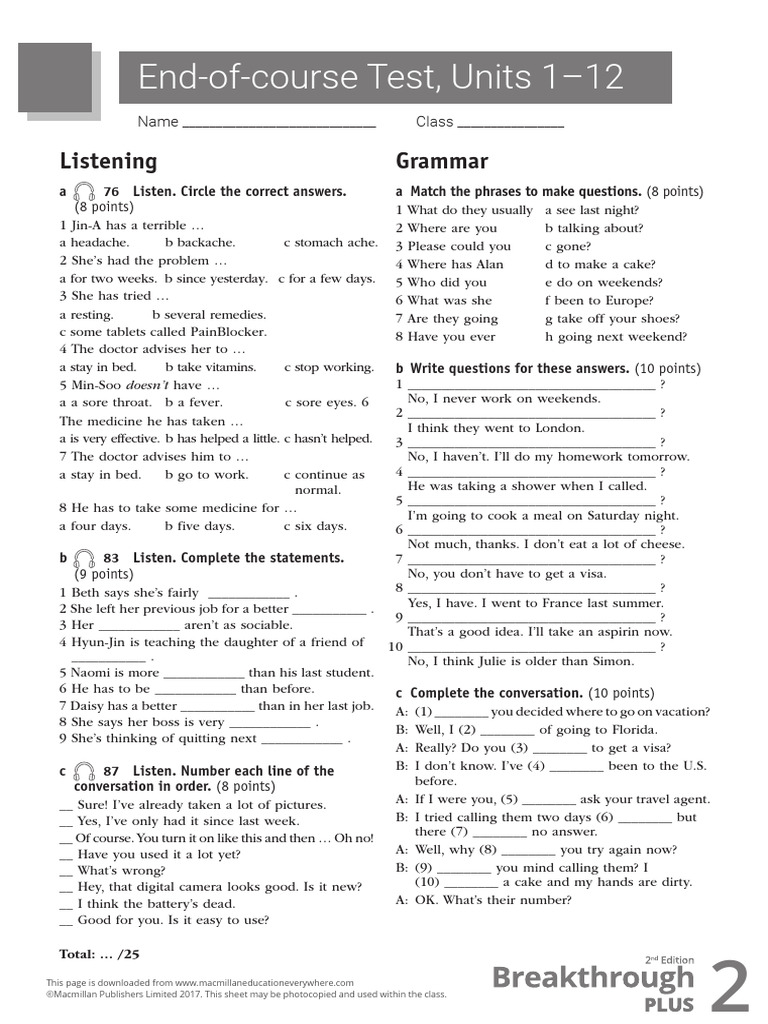 BTP2 EndofCourseTest U1-U12 | PDF | Linguistics