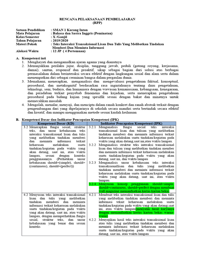 RPP Bahasa Dan Sastra Inggris Kelas X (Pengelolaan Sampah) | PDF