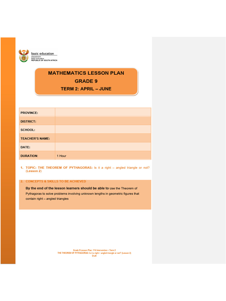 The Theorem of Pythagoras Term 2 Lesson 2 Grade 9 | PDF | Learning