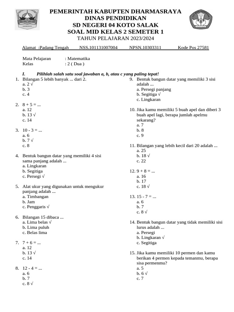 Soal Uas Mtk Kelas 2 Smtr 1 Tp 2024-2025 | PDF