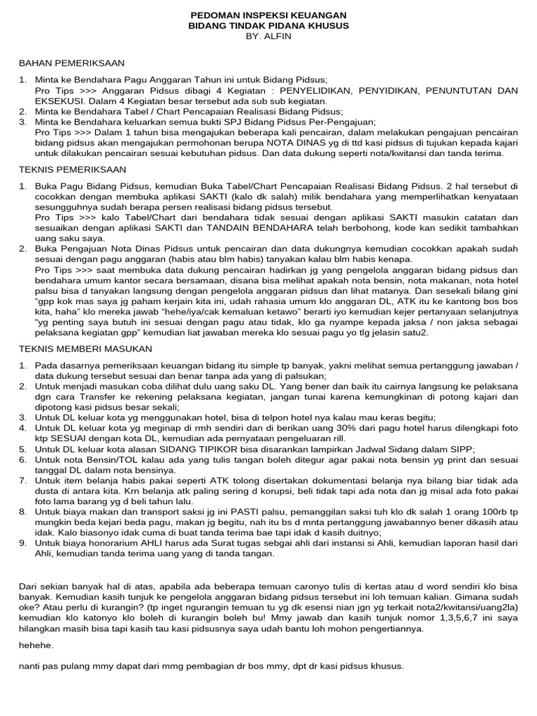 Pedoman Inspeksi Keuangan Pidsus | PDF