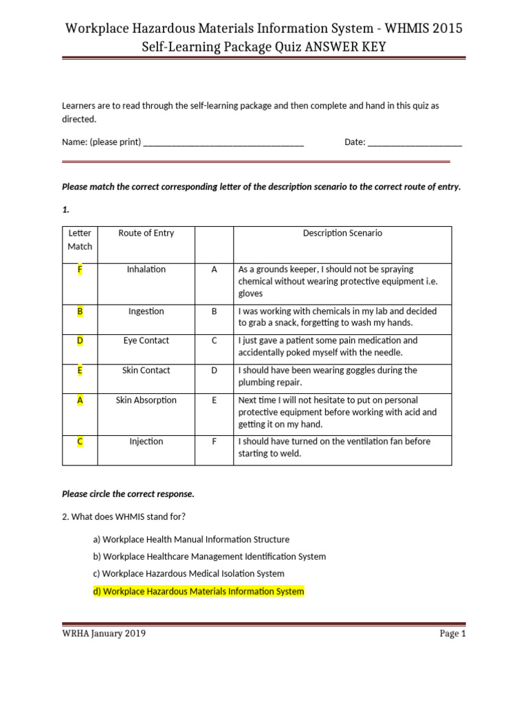 WHMIS 2015 Quiz Answer Key Guide | PDF | Personal Protective Equipment ...