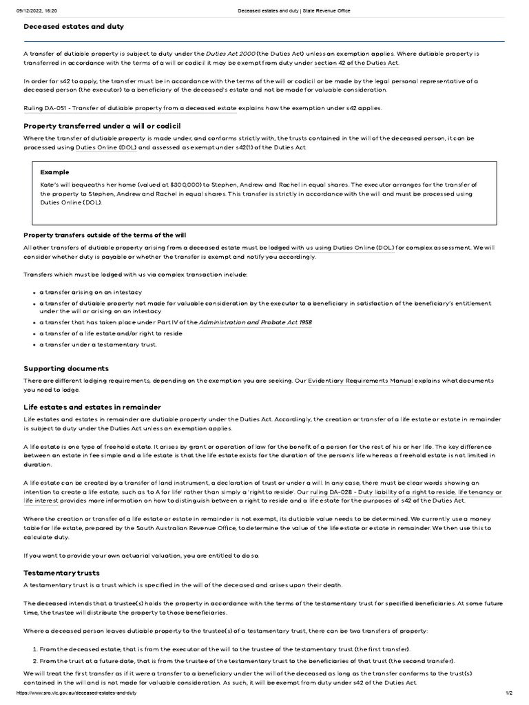 Deceased Estates and Duty - State Revenue Office | PDF | Will And ...