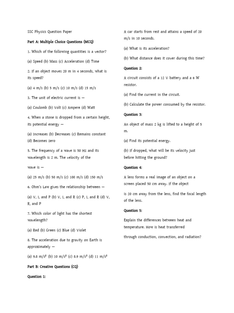 SSC Physics Question Paper | PDF | Electric Current | Potential Energy