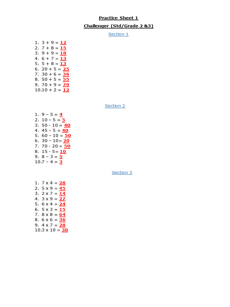 Challenger Practice Sheet 1 - Answer Key | PDF