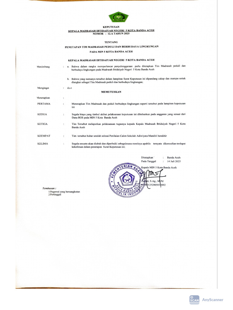 SK Pembagian Tugas Adiwiyata 2025-2026 | PDF