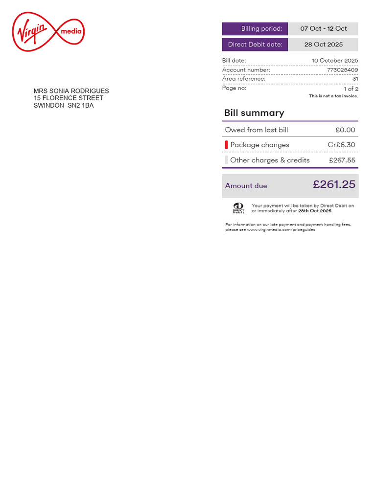 Virgin Media Bill Summary for Sonia Rodrigues | PDF | Payments | Money