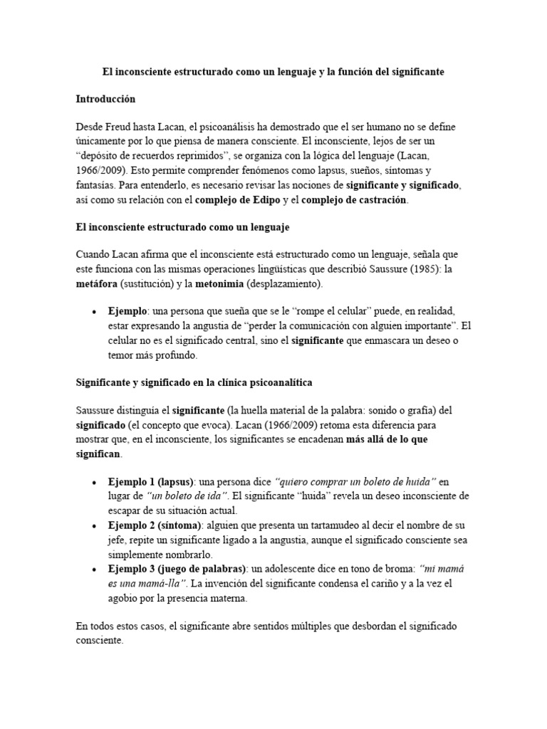 El Inconsciente Estructurado Como Un Lenguaje y La Función Del Significante. Método Análisis ...
