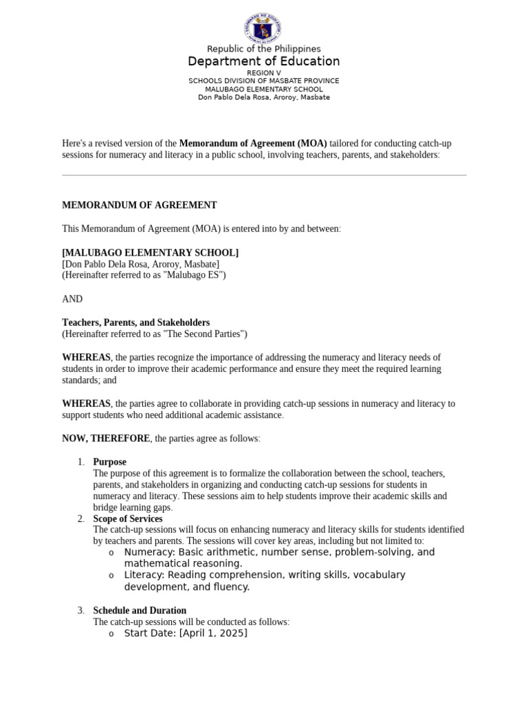 MOA for Catch-Up Sessions for LITERACY and Numeracy | PDF | Literacy ...