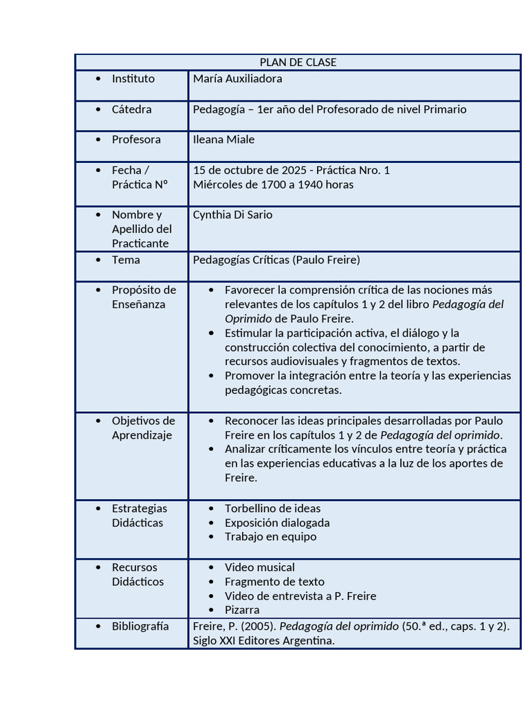 Plan de Clase Pedagogía | PDF | Maestros | Pedagogía