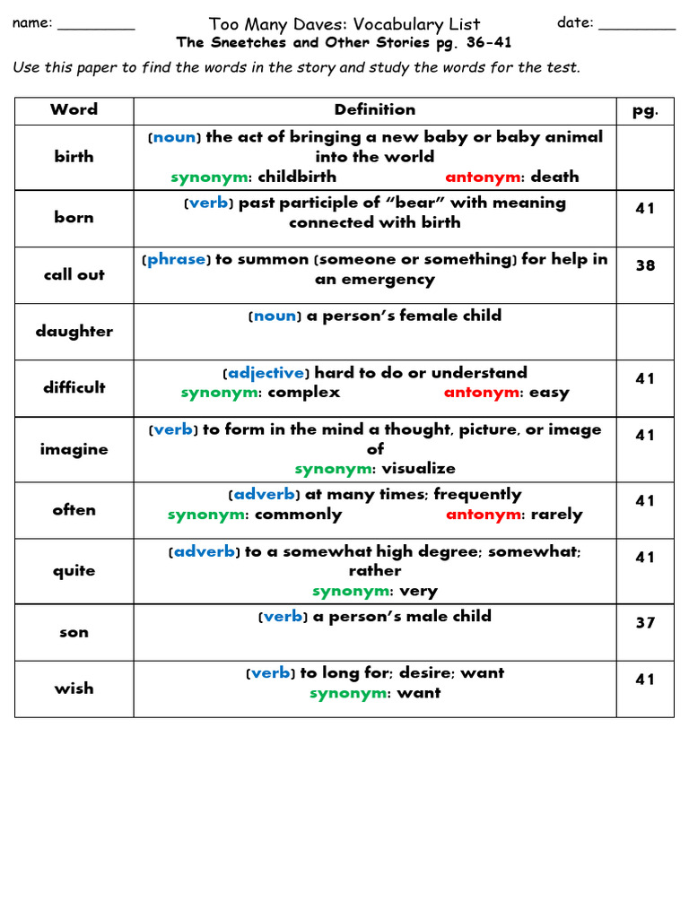 Vocabulary List for Too Many Daves | PDF | Verb | Adjective