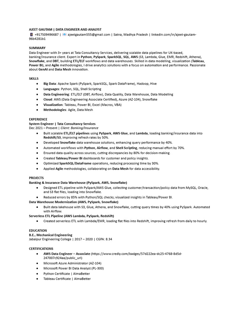 Resume de Ajeet Gautam 3year AWS | PDF | Apache Spark | Amazon Web Services