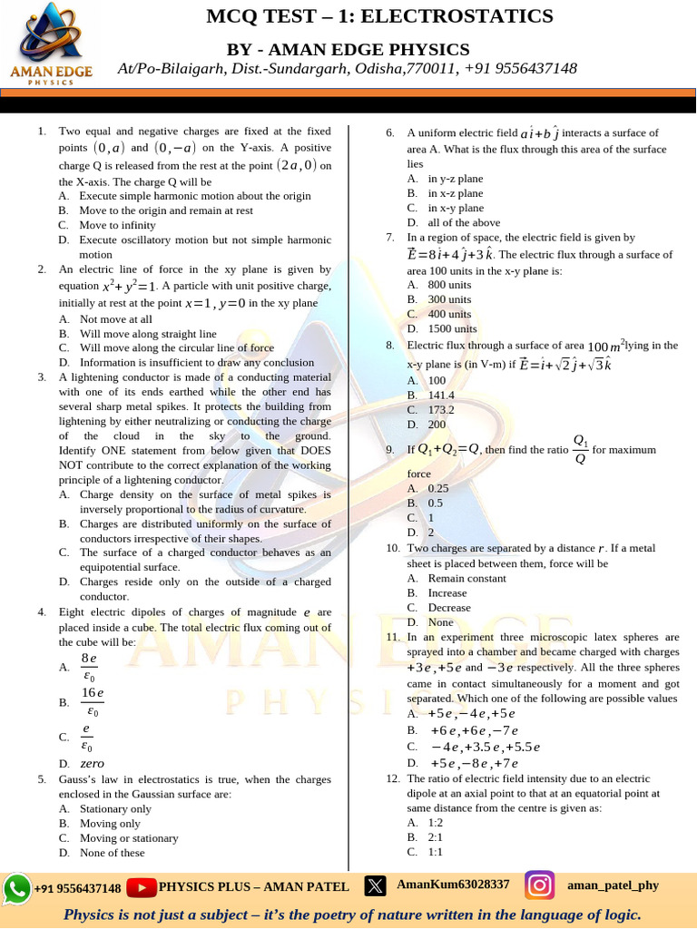 Electrostatics MCQ Test for Physics Students | PDF | Capacitor ...