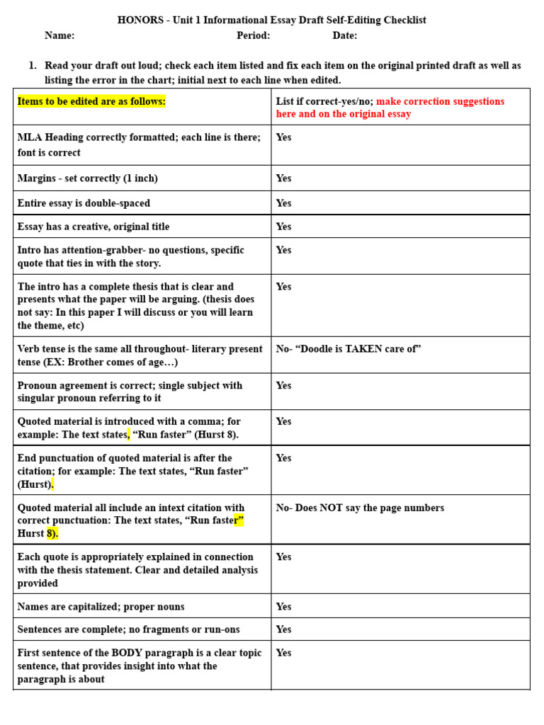 Jackson Umeikai - Informational Essay Draft Self-Editing Checklist ...