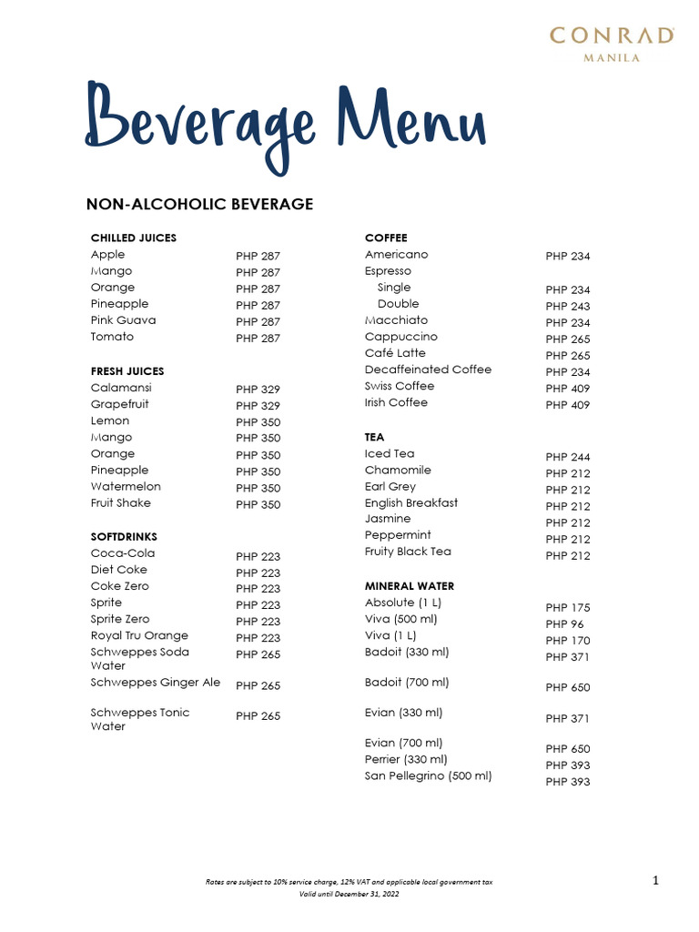 Beverage Menu with Prices and Options | PDF | Drink | Soft Drink