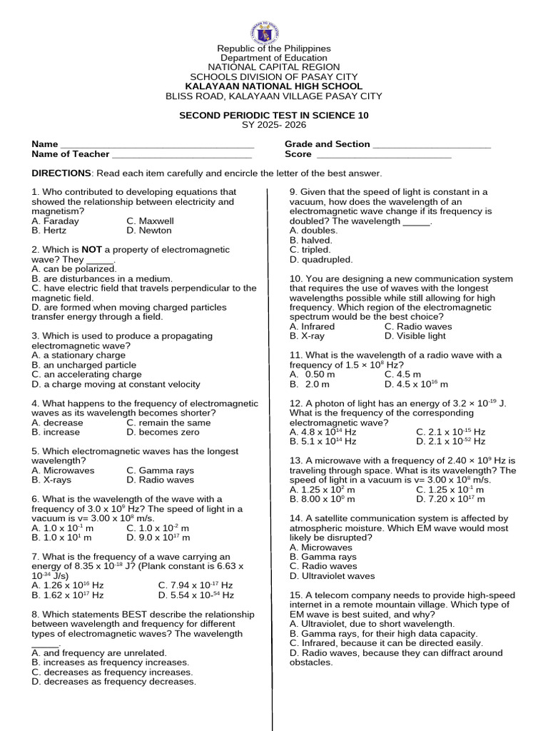 Science 10 Periodic Test: Electromagnetic Waves | PDF | Radio ...