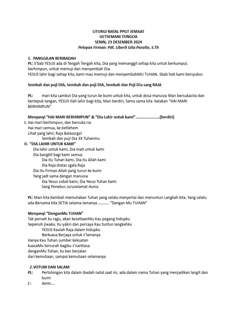 Liturgi Natal PPGT Getsemani 2024 | PDF