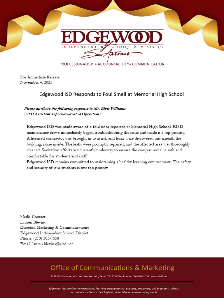 Foul Smell at Memorial High Shool - Edgewood ISD Communications | PDF