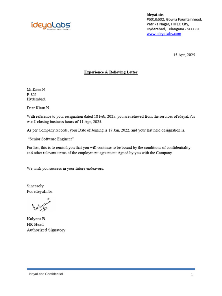 Relieving & Experience Letter (Oct 2024) | PDF