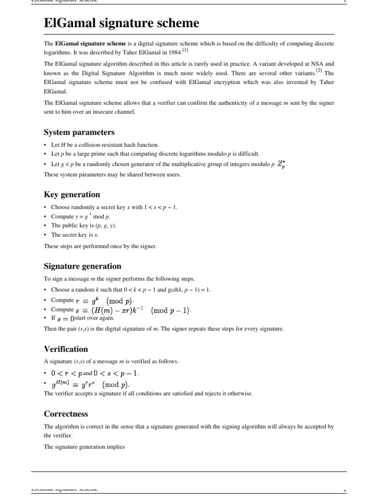 ElGamal Signature Scheme | PDF | Key (Cryptography) | Public Key Cryptography