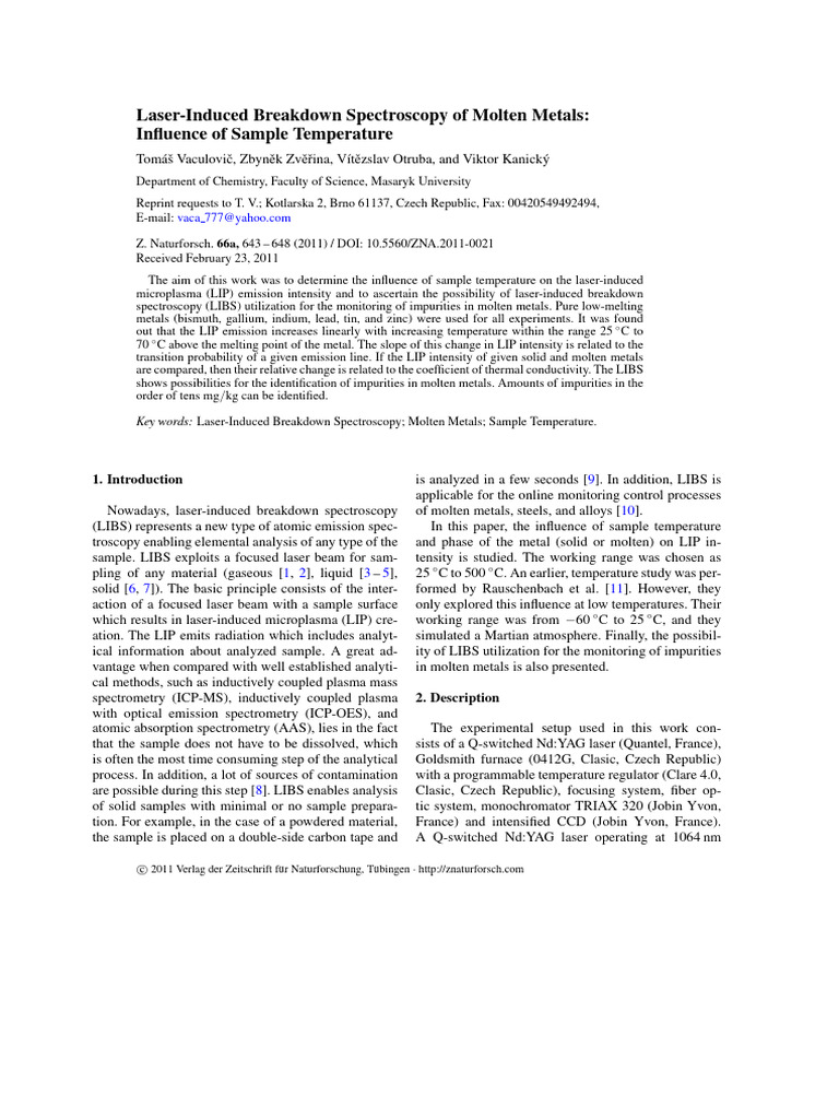 Laser-Induced Breakdown Spectroscopy of Molten Metals: Influence of ...