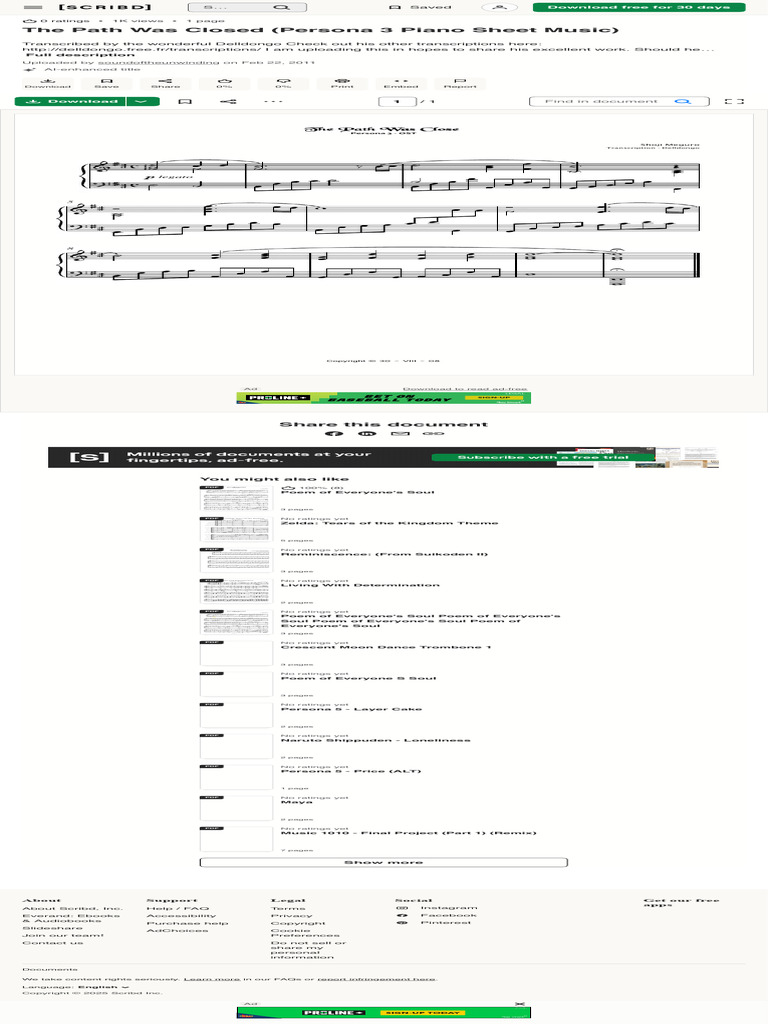 The Path Was Closed (Persona 3 Piano Sheet Music) PDF Musical ...