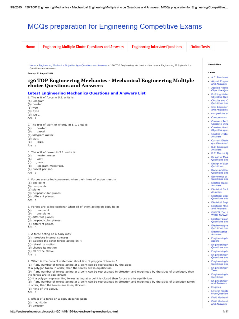 Top MCQs for Engineering Mechanics | PDF | Friction | Force