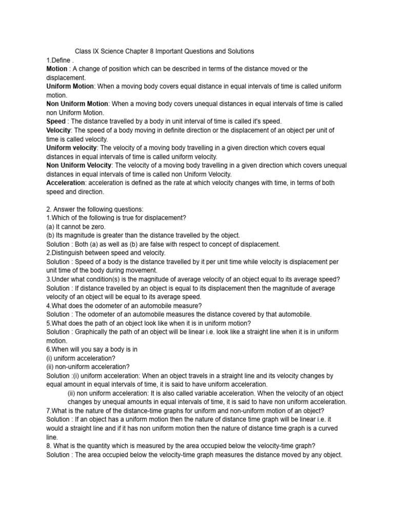 Class 9 Science Chapter 8 Important Questions | PDF | Velocity ...