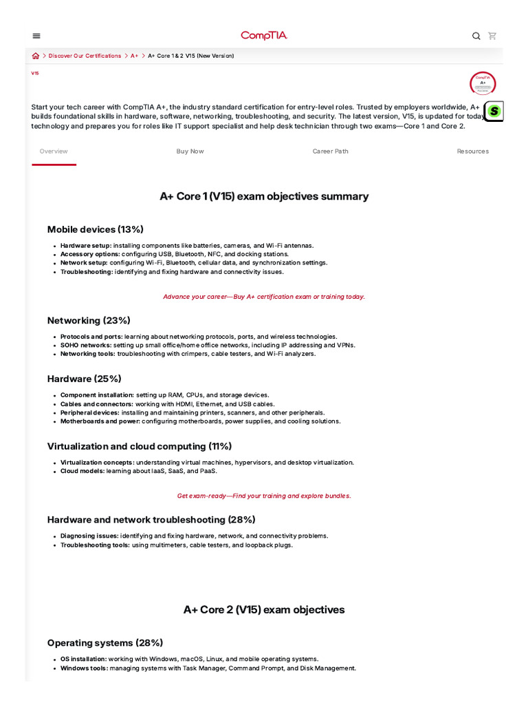 CompTIA A+ Core 1 & 2 V15 Overview | PDF | Computer Network | Security