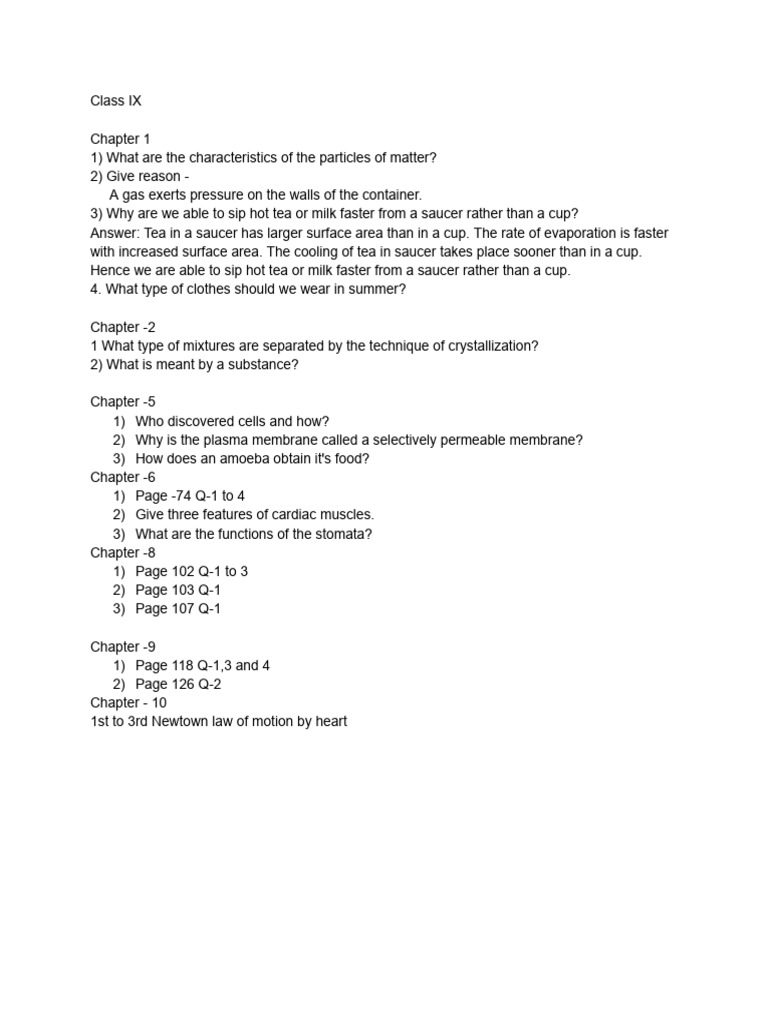 Class 9 Science Chapter 1 Important Questions | PDF