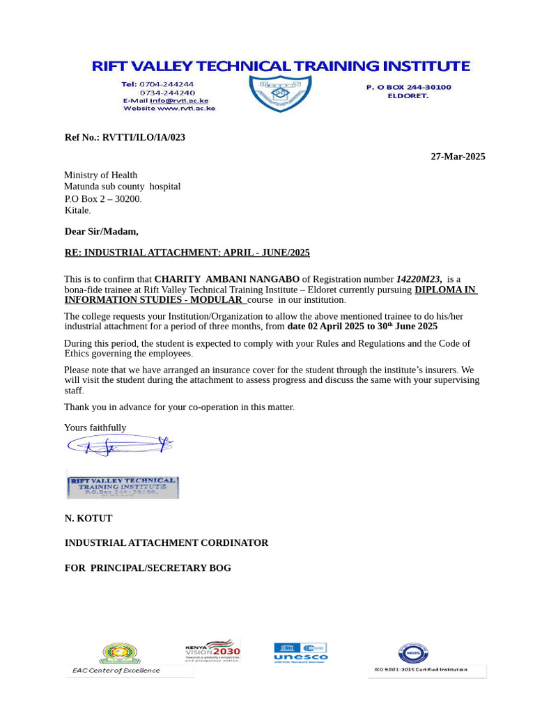 Charity Nangabo Attachment Letter | PDF