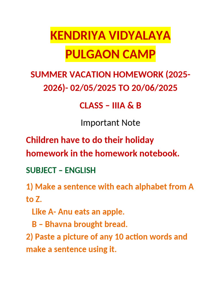 Summer Vacation Homework 2025-26 | PDF