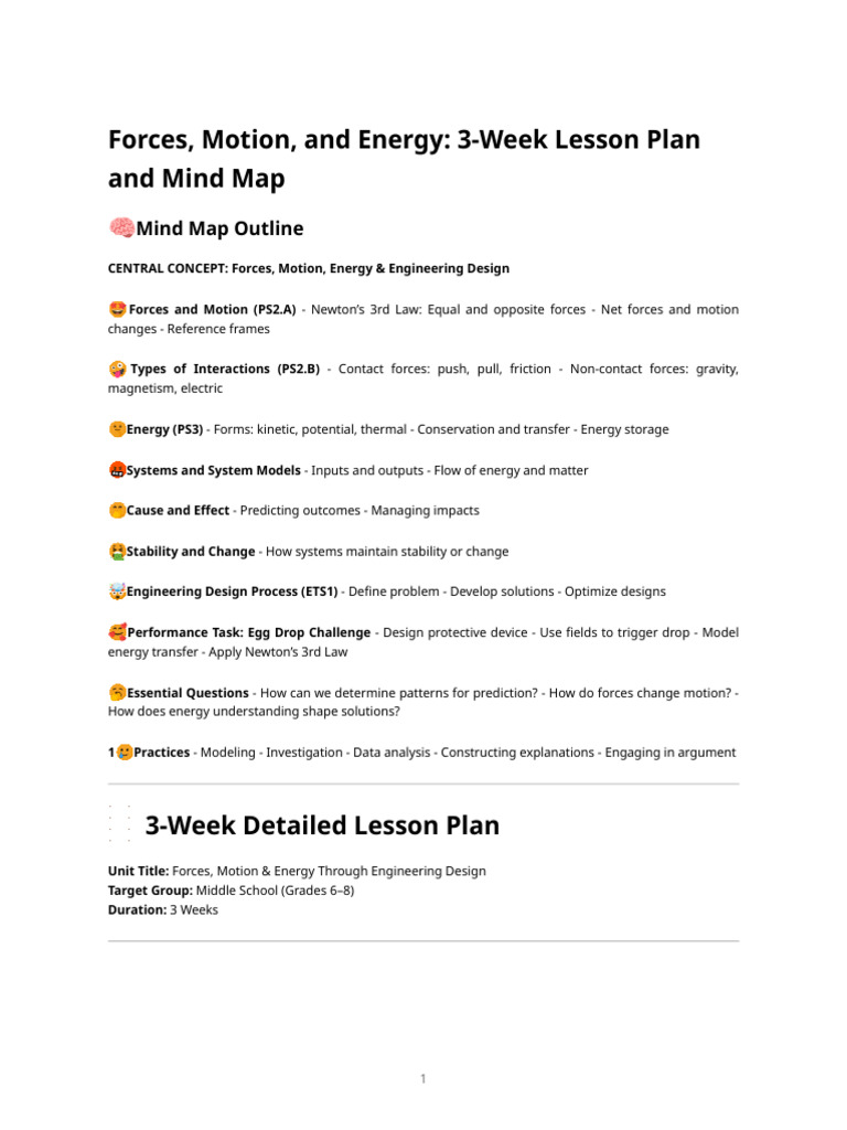 Forces Motion Energy Plan | PDF | Force | Newton's Laws Of Motion